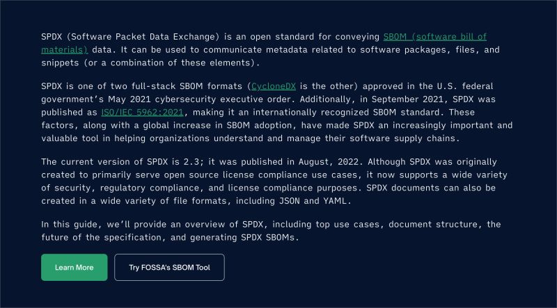 SPDX SBOM on LinkedIn: A Practical Guide to SPDX by FOSSA. Table of ... SPDX SBOM on LinkedIn: A Practical Guide to SPDX by FOSSA. Table of ...