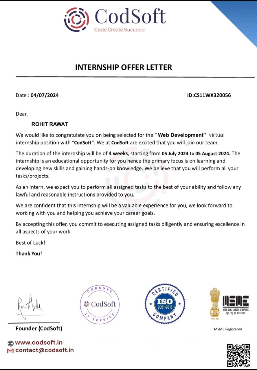 Rohit Rawat on LinkedIn: #codesoftintern #webdeveloper #codesoft Rohit Rawat on LinkedIn: #codesoftintern #webdeveloper #codesoft