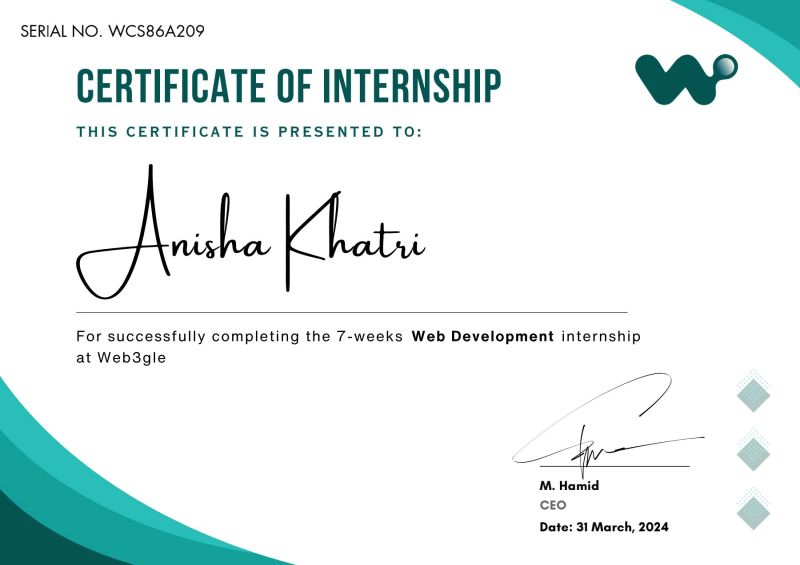 Completed web development internship at Web3gle | Anisha Khatri posted ... Completed web development internship at Web3gle | Anisha Khatri posted ...