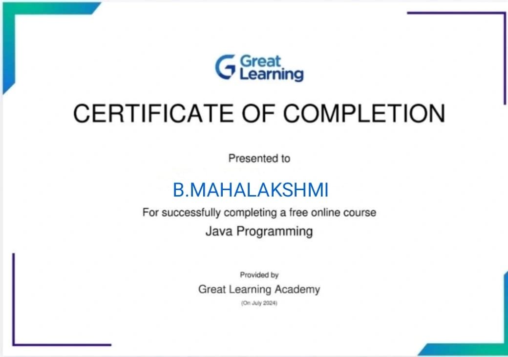 Batturi Maha Lakshmi on LinkedIn: This certificate about Java programming Batturi Maha Lakshmi on LinkedIn: This certificate about Java programming
