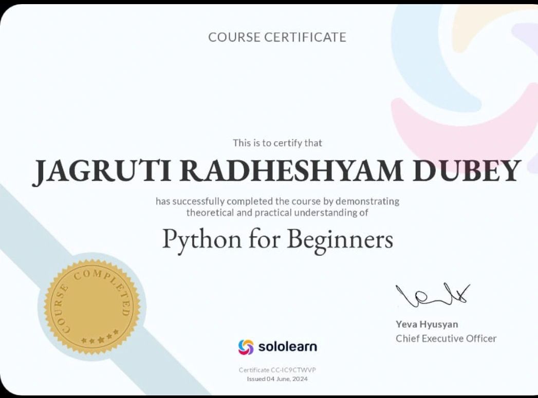 Jagruti Dubey on LinkedIn: I recently earned a Python Certificate from ... Jagruti Dubey on LinkedIn: I recently earned a Python Certificate from ...