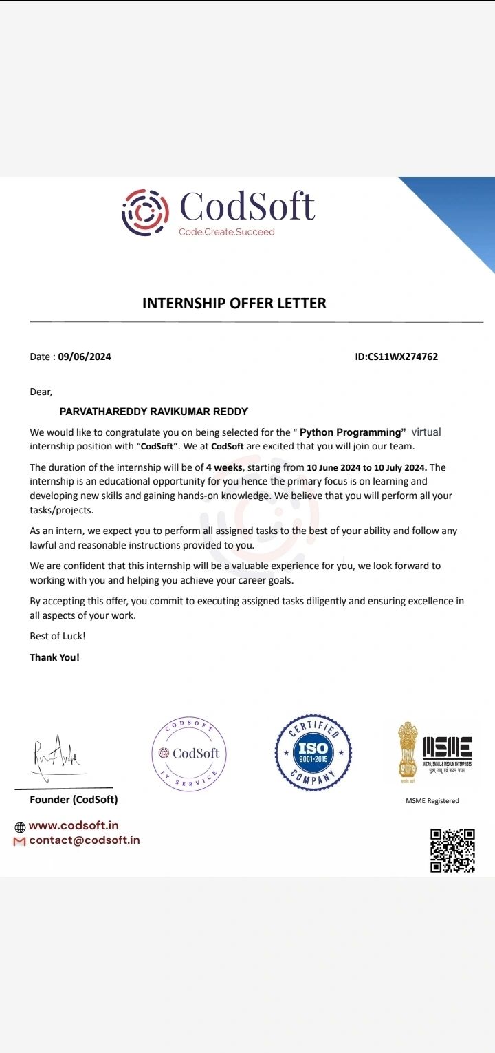 Ravi Kumar Reddy Parvatha Reddy on LinkedIn: start a new internship in ... Ravi Kumar Reddy Parvatha Reddy on LinkedIn: start a new internship in ...