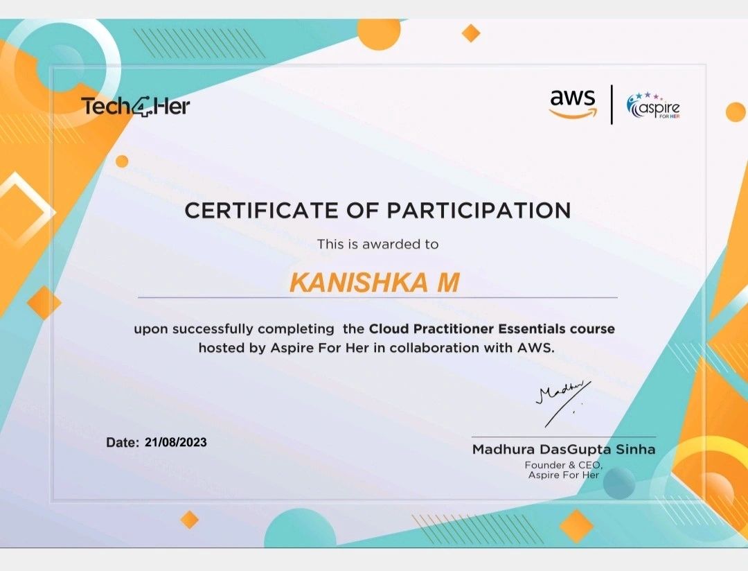 Kanishka Matheswaran on LinkedIn: #aspireforher #tech4her #aws Kanishka Matheswaran on LinkedIn: #aspireforher #tech4her #aws