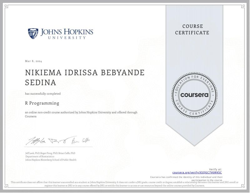 sedina Nikiema on LinkedIn: R Programming certificate sedina Nikiema on LinkedIn: R Programming certificate