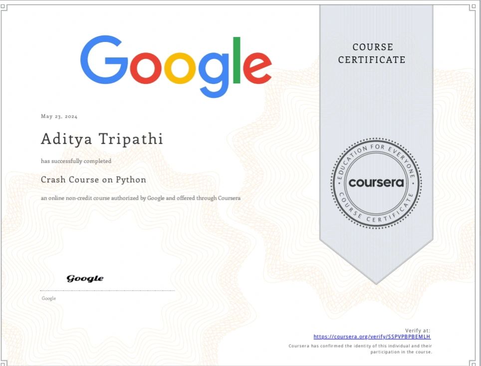 Aditya Tripathi on LinkedIn: #python #coding #coursera #certificate Aditya Tripathi on LinkedIn: #python #coding #coursera #certificate