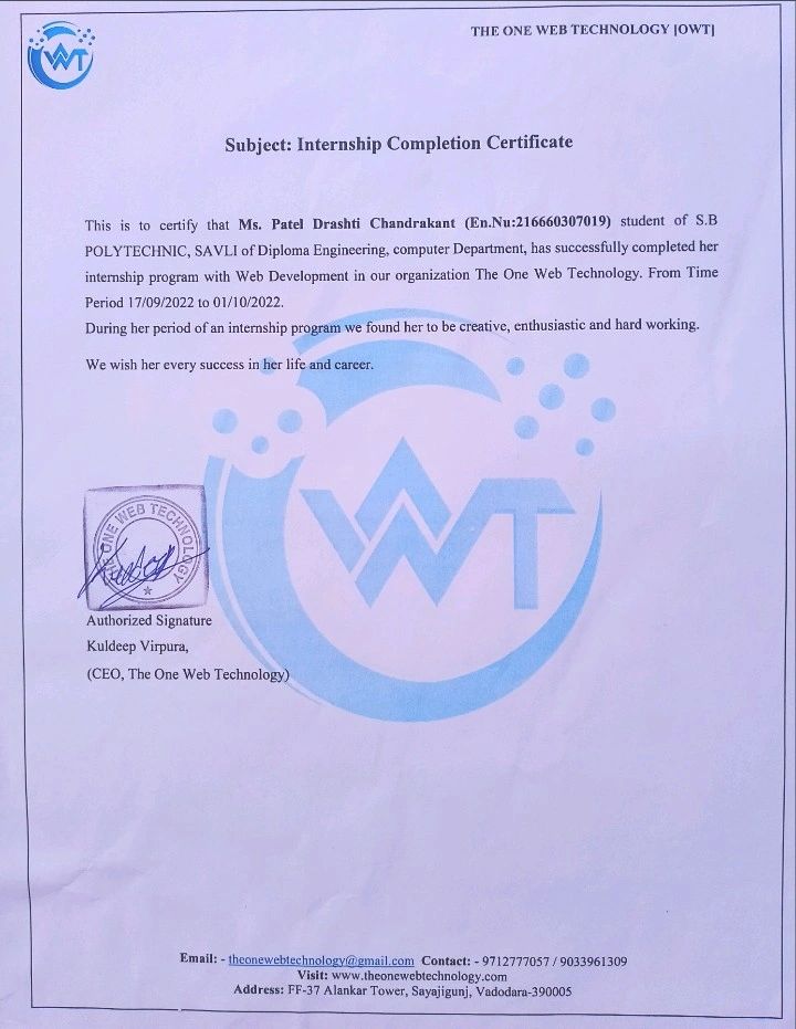 Drashti Patel on LinkedIn: #1 Internship complete (Kuldeep Virpura sir ... Drashti Patel on LinkedIn: #1 Internship complete (Kuldeep Virpura sir ...