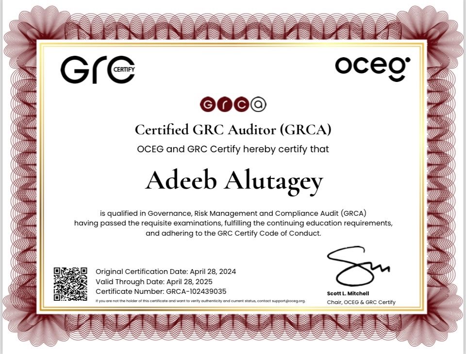Certified as a GRCA auditor | Adeeb Alutagey LLB, GRCP, GRCA, IPMP ... Certified as a GRCA auditor | Adeeb Alutagey LLB, GRCP, GRCA, IPMP ...