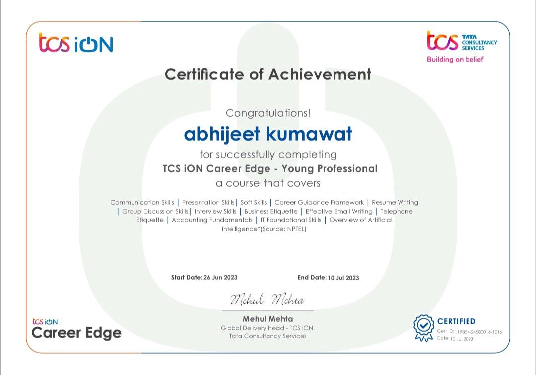 Abhijeet kumawat on LinkedIn: #tcsioncareeredge Abhijeet kumawat on LinkedIn: #tcsioncareeredge