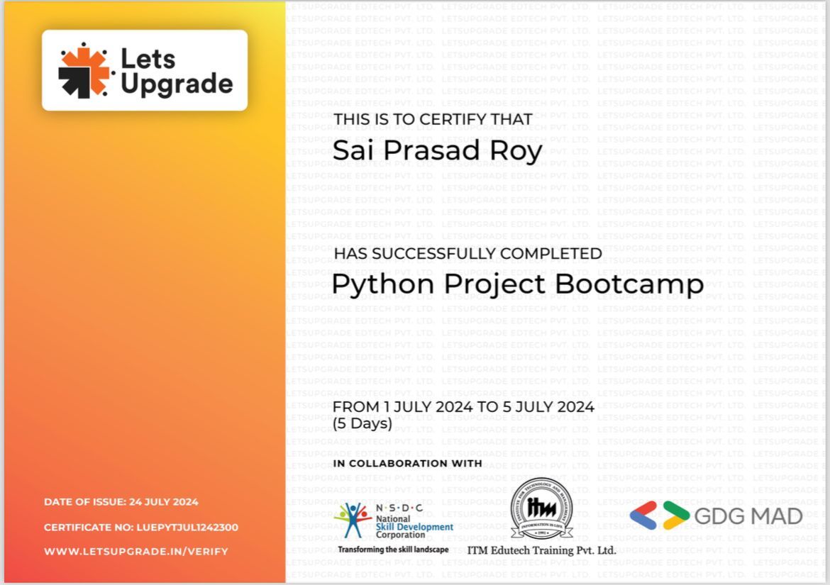 Sai Prasad Roy on LinkedIn: Successfully completed a 5-day Python ... Sai Prasad Roy on LinkedIn: Successfully completed a 5-day Python ...
