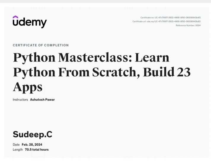 SUDEEP SUDEEP on LinkedIn: I am completed python masterclass: python ... SUDEEP SUDEEP on LinkedIn: I am completed python masterclass: python ...