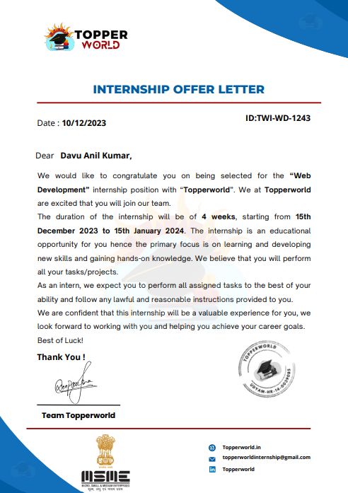DAVU ANIL KUMAR . on LinkedIn: #newbeginnings #topperworldinternship DAVU ANIL KUMAR . on LinkedIn: #newbeginnings #topperworldinternship