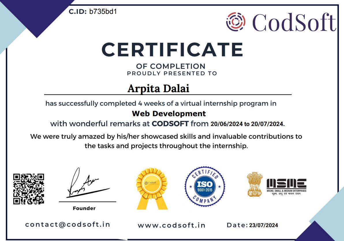 Arpita Dalai on LinkedIn: #internship #webdevlopment #codsoft #career # ... Arpita Dalai on LinkedIn: #internship #webdevlopment #codsoft #career # ...
