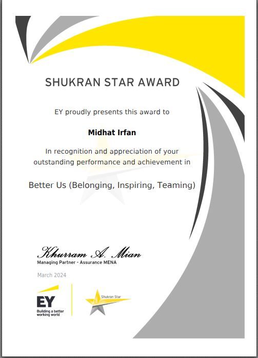 Midhat Irfan on LinkedIn: Alhamdulillah! Received Shukar Star Award ... Midhat Irfan on LinkedIn: Alhamdulillah! Received Shukar Star Award ...