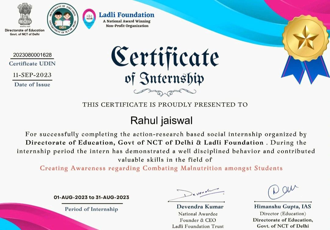 Rahul Jaiswal on LinkedIn: my internship certificate Ladli Foundation ... Rahul Jaiswal on LinkedIn: my internship certificate Ladli Foundation ...