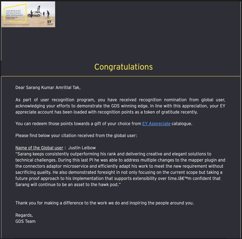 Sarang Kumar Tak on LinkedIn: #ey #eygds #eynexus #recognitionawards Sarang Kumar Tak on LinkedIn: #ey #eygds #eynexus #recognitionawards