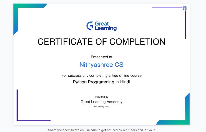 Nithyashree CS on LinkedIn: Completed a course in Python Programming ... Nithyashree CS on LinkedIn: Completed a course in Python Programming ...