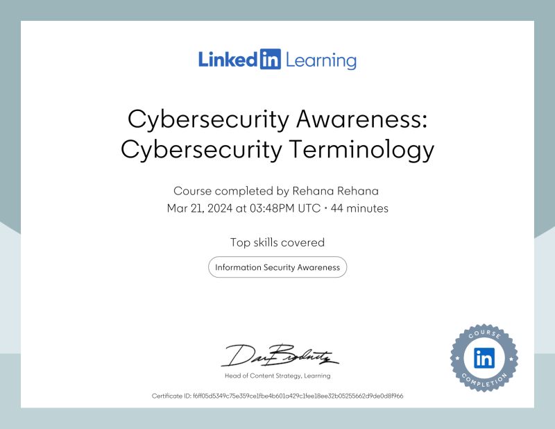 Rehana Rehana on LinkedIn: Certificate of Completion Rehana Rehana on LinkedIn: Certificate of Completion