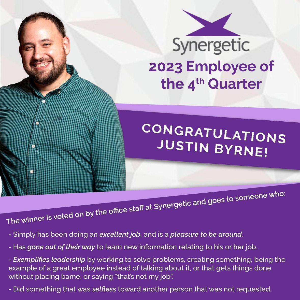 Synergetic, Inc. on LinkedIn: Congrats to Justin Byrne for employee of ... Synergetic, Inc. on LinkedIn: Congrats to Justin Byrne for employee of ...