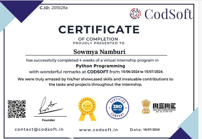 Sowmya Namburi on LinkedIn: #certificateofcompletion #coding #python # ... Sowmya Namburi on LinkedIn: #certificateofcompletion #coding #python # ...