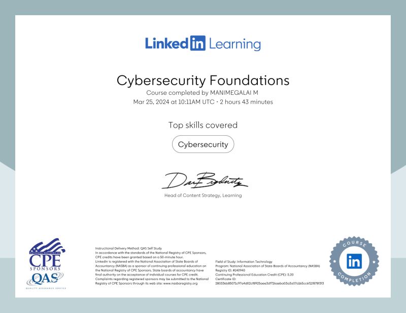 MANIMEGALAI M on LinkedIn: Certificate of Completion MANIMEGALAI M on LinkedIn: Certificate of Completion