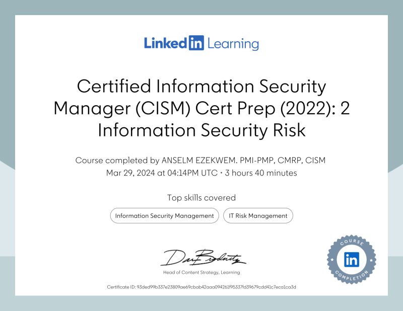 ANSELM EZEKWEM. PMI-PMP, CMRP, CISM on LinkedIn: Certificate of Completion ANSELM EZEKWEM. PMI-PMP, CMRP, CISM on LinkedIn: Certificate of Completion