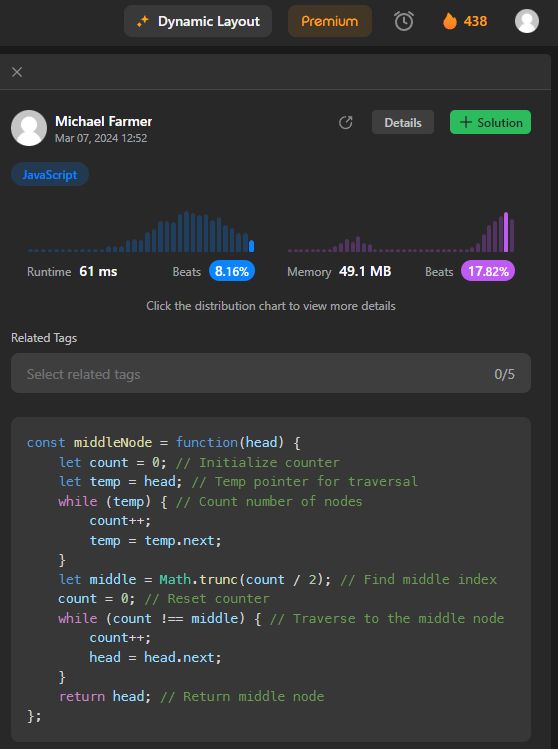 Michael Farmer on LinkedIn: Day 438 of Daily LeetCode | 876. Middle of ... Michael Farmer on LinkedIn: Day 438 of Daily LeetCode | 876. Middle of ...