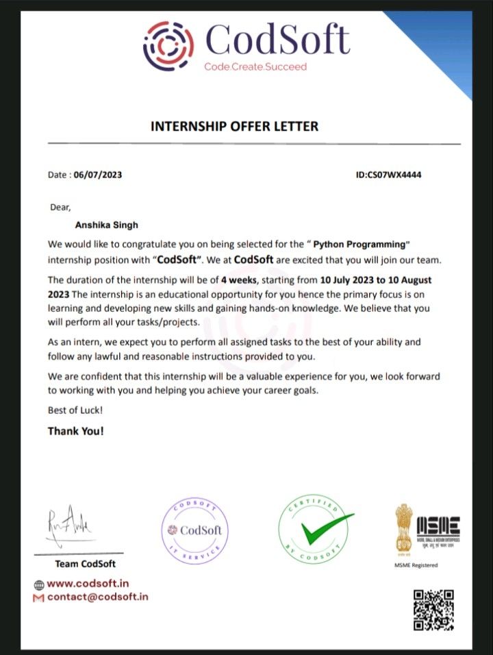 Anshika Singh on LinkedIn: #codsoft #internship2023 #pythonprogramming Anshika Singh on LinkedIn: #codsoft #internship2023 #pythonprogramming