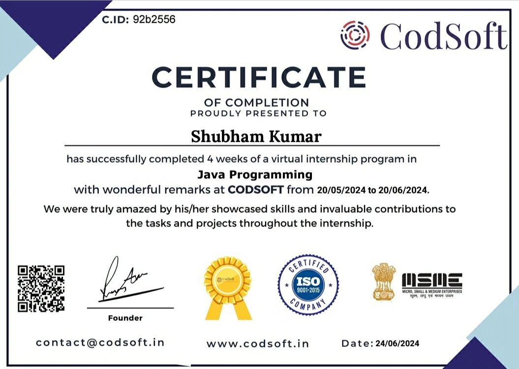 shubham kumar on LinkedIn: #codsoft #java shubham kumar on LinkedIn: #codsoft #java