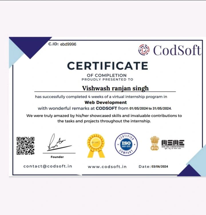 Vishwash Ranjan Singh. on LinkedIn: #webdevelopment #codsoft # ... Vishwash Ranjan Singh. on LinkedIn: #webdevelopment #codsoft # ...