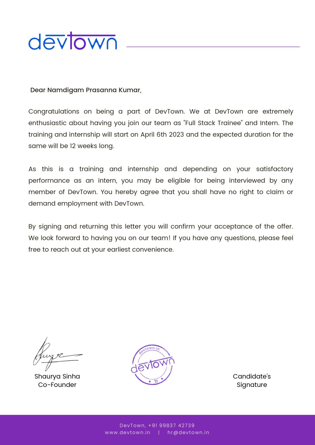 Prasanna kumar Nandigam on LinkedIn: Thankyou DevTown for this offer ... Prasanna kumar Nandigam on LinkedIn: Thankyou DevTown for this offer ...