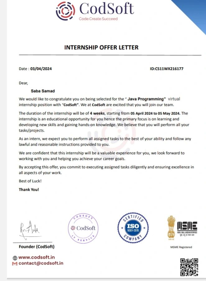Saba Samad on LinkedIn: #internship #javaprogramming #internship #codsoft Saba Samad on LinkedIn: #internship #javaprogramming #internship #codsoft