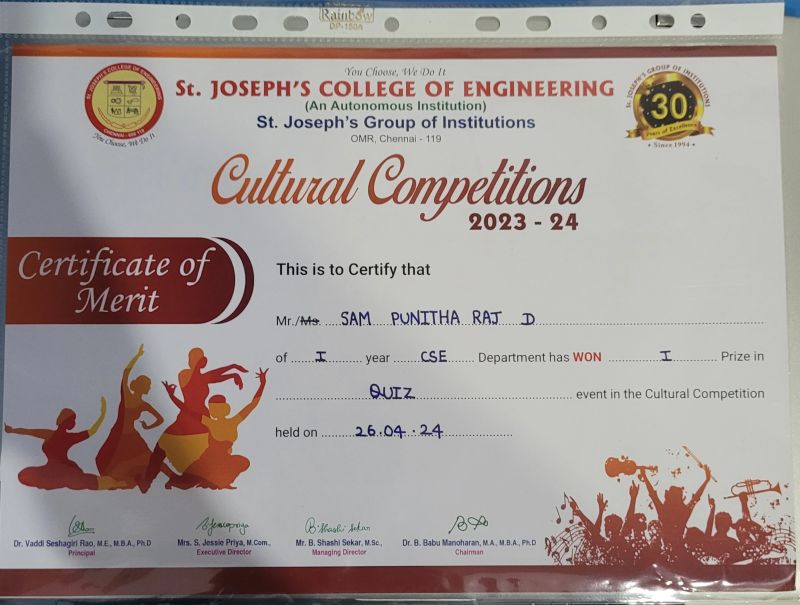 Sam Punitha Raj D on LinkedIn: Won first prize in quiz competition in ... Sam Punitha Raj D on LinkedIn: Won first prize in quiz competition in ...