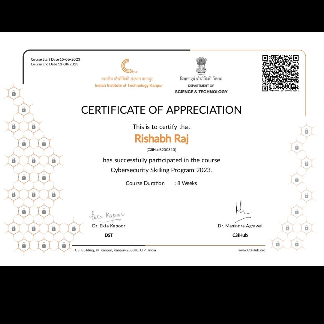 RISHABH Raj on LinkedIn: I am successfully completed cybersecurity ... RISHABH Raj on LinkedIn: I am successfully completed cybersecurity ...