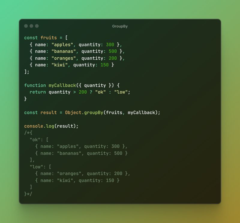 Aladé YESSOUFOU on LinkedIn: JavaScript `Object.groupBy` in action Aladé YESSOUFOU on LinkedIn: JavaScript `Object.groupBy` in action