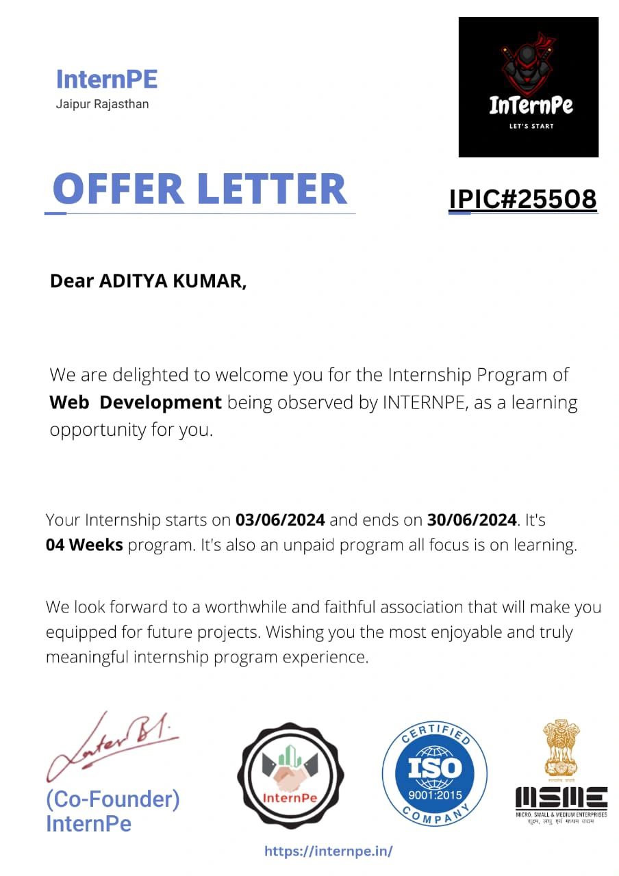Aditya Kumar on LinkedIn: #webdevelopment #internship #internpe Aditya Kumar on LinkedIn: #webdevelopment #internship #internpe