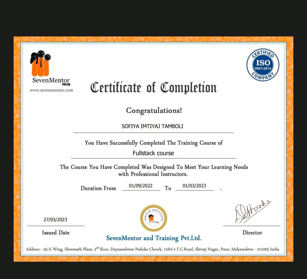 Sofiya tamboli on LinkedIn: fullstack course completed Sofiya tamboli on LinkedIn: fullstack course completed