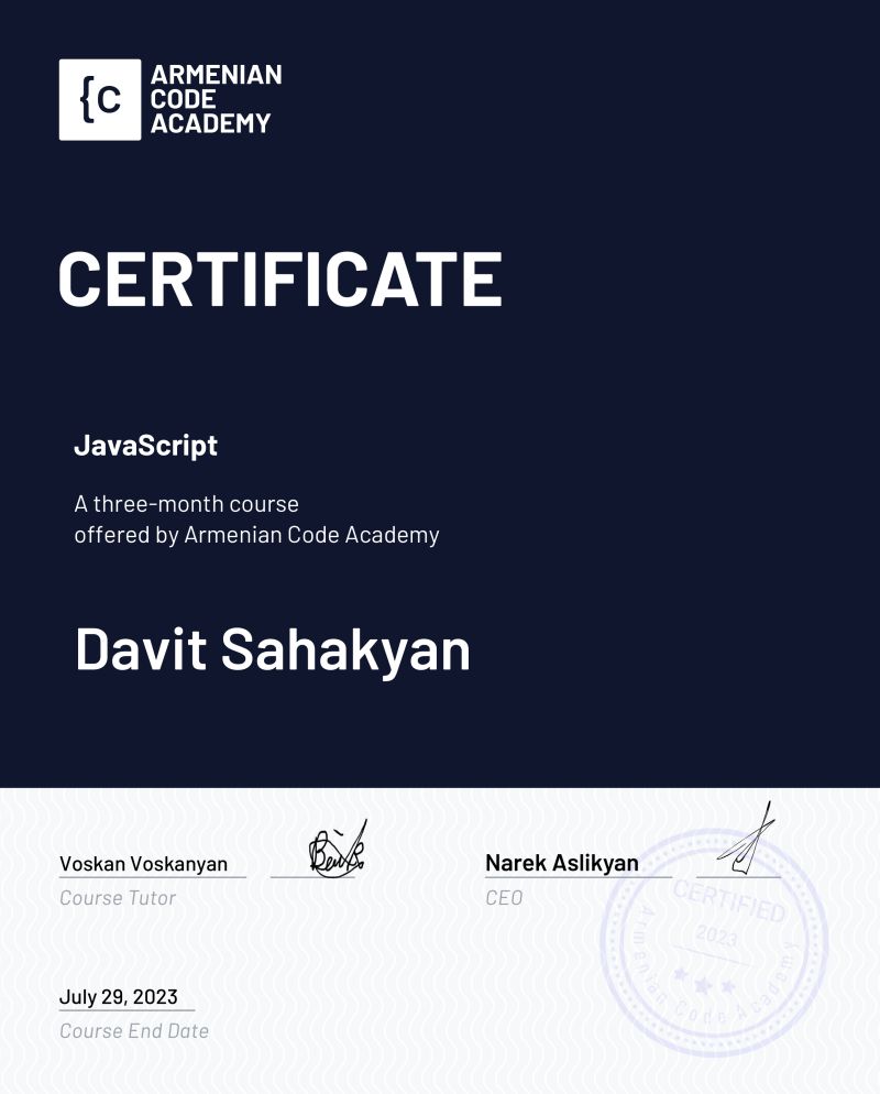 David Sahakyan on LinkedIn: 🎉Great news! I completed my JavaScript ... David Sahakyan on LinkedIn: 🎉Great news! I completed my JavaScript ...