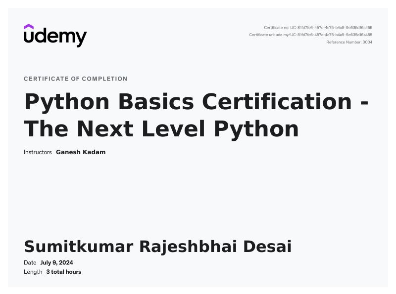 Desai Sumit on LinkedIn: #pythonprogramming #certificatecompletion # ... Desai Sumit on LinkedIn: #pythonprogramming #certificatecompletion # ...