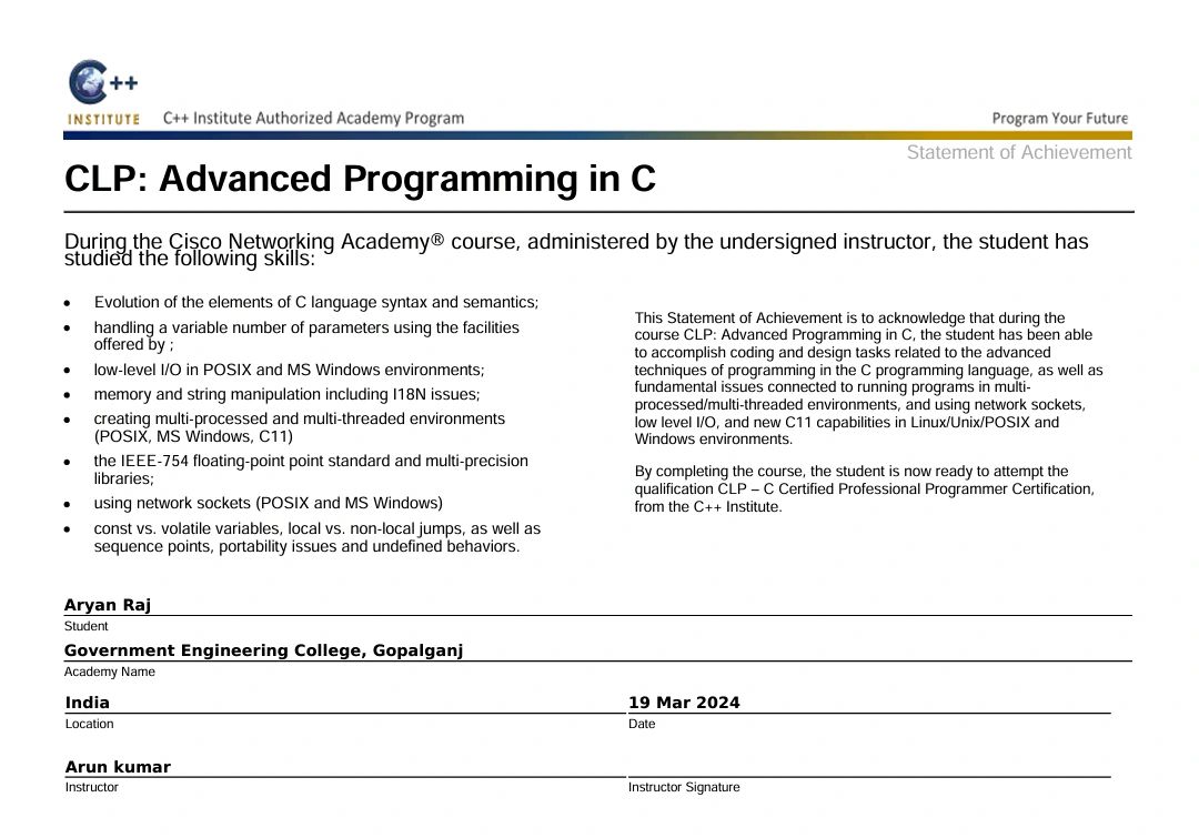 Aryan Raj on LinkedIn: My Advance Programming In C now Completed Aryan Raj on LinkedIn: My Advance Programming In C now Completed
