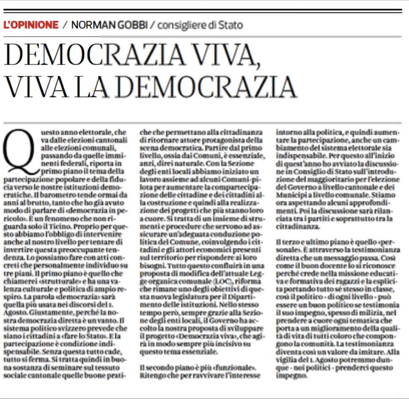 Norman Gobbi su LinkedIn: Verso il 1. Agosto 🇨🇭 La mia opinione apparsa ... Norman Gobbi su LinkedIn: Verso il 1. Agosto 🇨🇭 La mia opinione apparsa ...