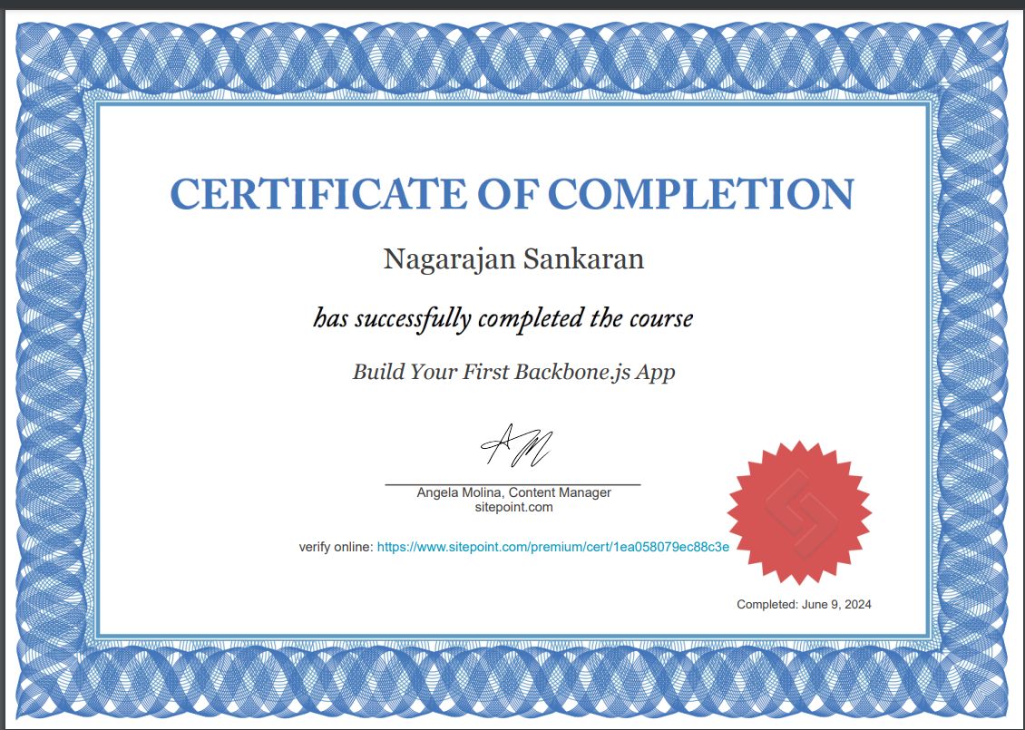 Nagarajan Sankaran on LinkedIn: Backbone.JS App certification Nagarajan Sankaran on LinkedIn: Backbone.JS App certification