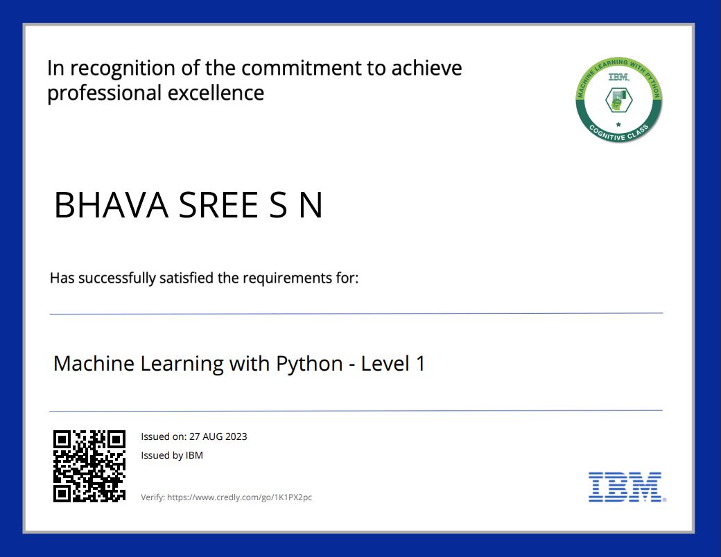 BHAVA SREE S.N on LinkedIn: MACHINE LEARNING WITH PYTHON - IBM BHAVA SREE S.N on LinkedIn: MACHINE LEARNING WITH PYTHON - IBM