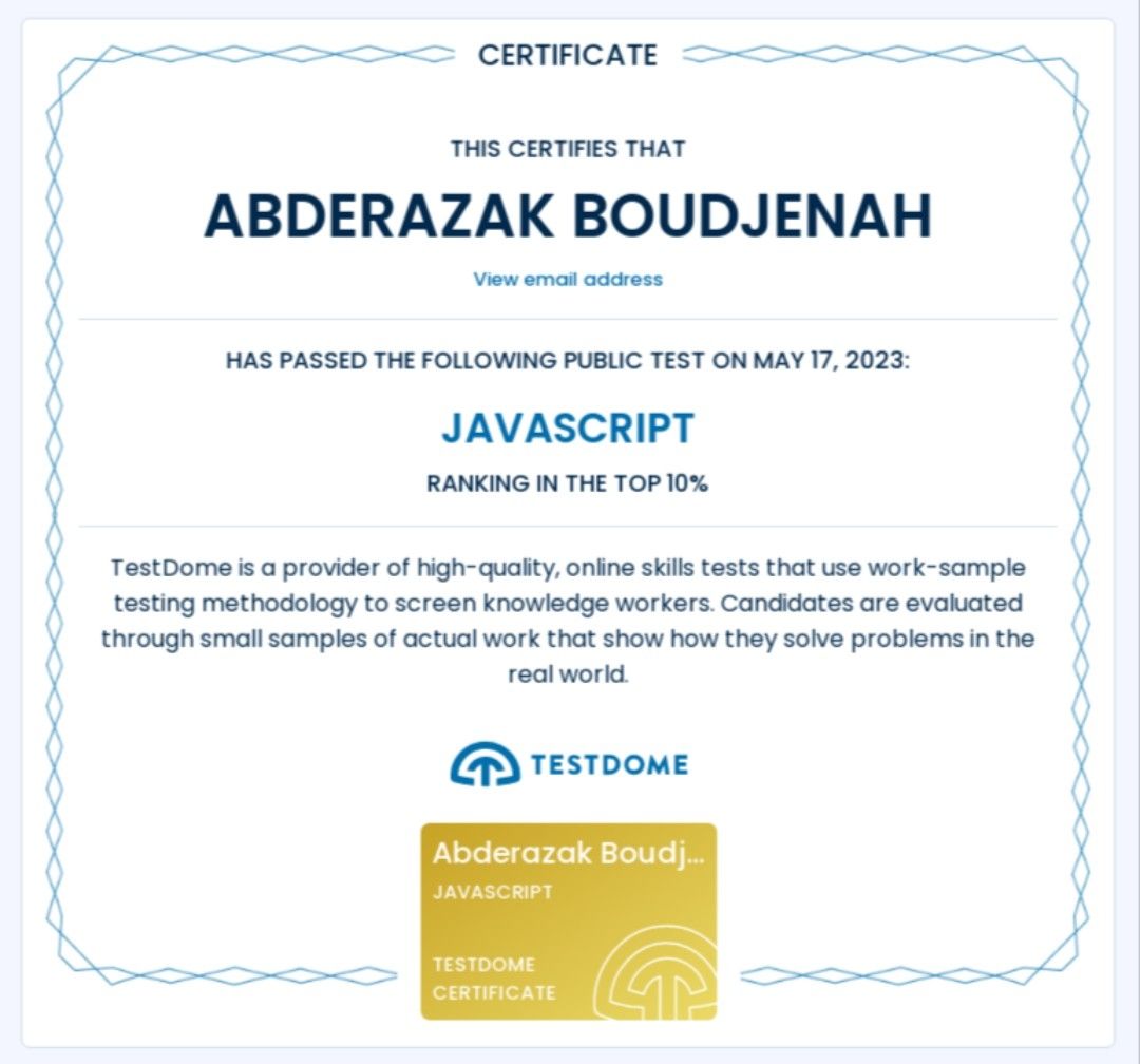 Abderazak Boudjenah on LinkedIn: #testdome #javascript #certificate # ... Abderazak Boudjenah on LinkedIn: #testdome #javascript #certificate # ...