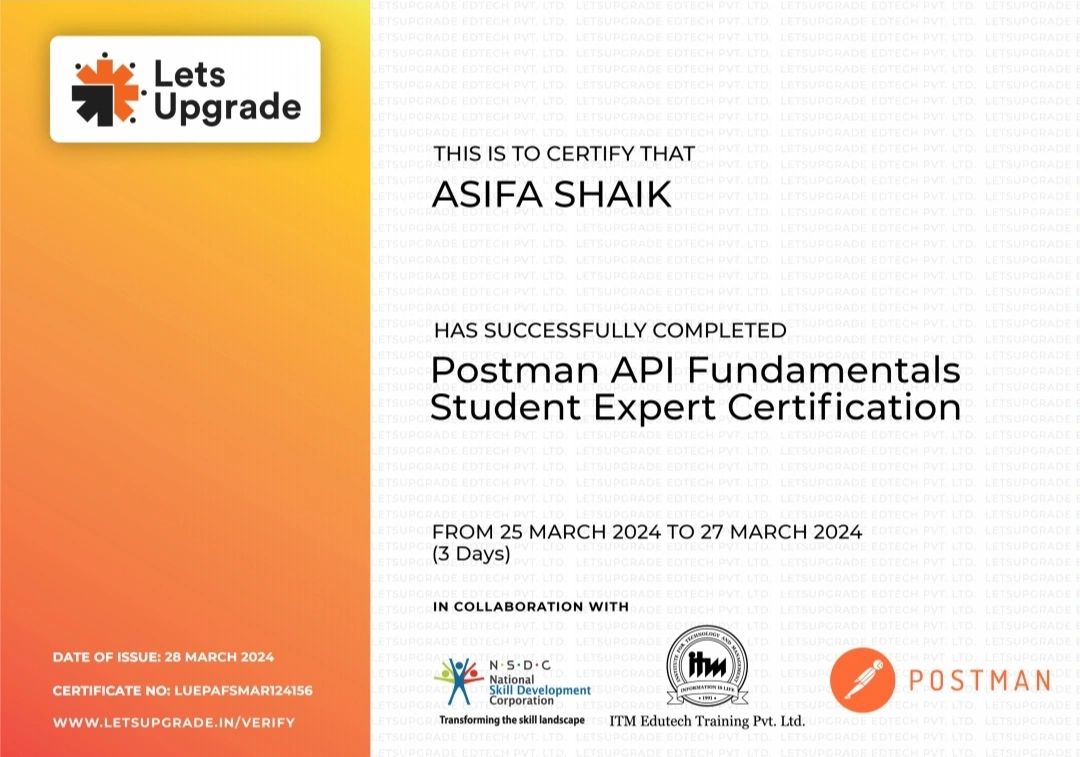 Completed API Postman workshop | ASIFA SHAIK posted on the topic | LinkedIn Completed API Postman workshop | ASIFA SHAIK posted on the topic | LinkedIn