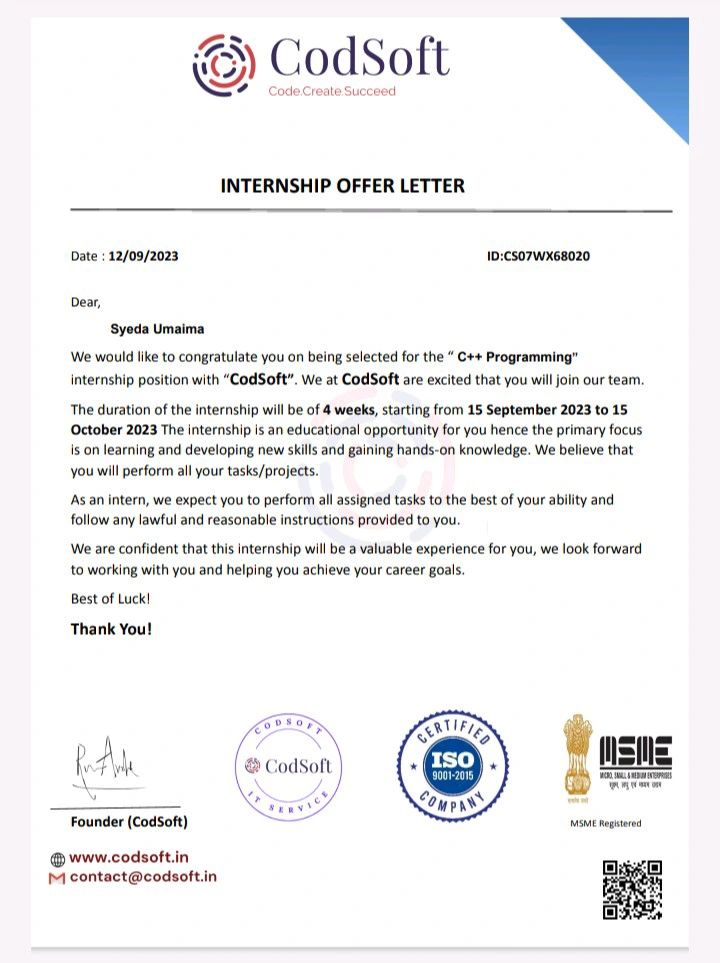 Syeda Umaima on LinkedIn: #codsoft #internship #cppprogramming Syeda Umaima on LinkedIn: #codsoft #internship #cppprogramming