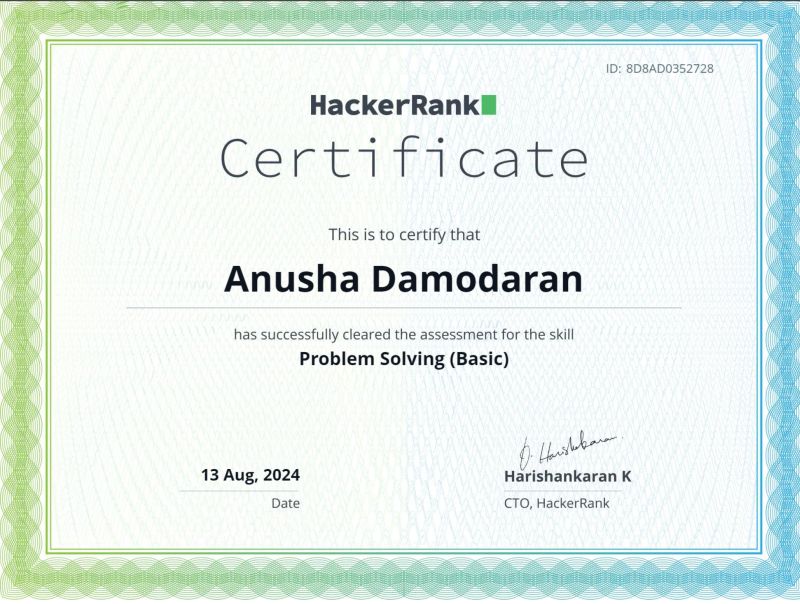Anusha Damodaran on LinkedIn: #coding #hackerank #problemsolving Anusha Damodaran on LinkedIn: #coding #hackerank #problemsolving