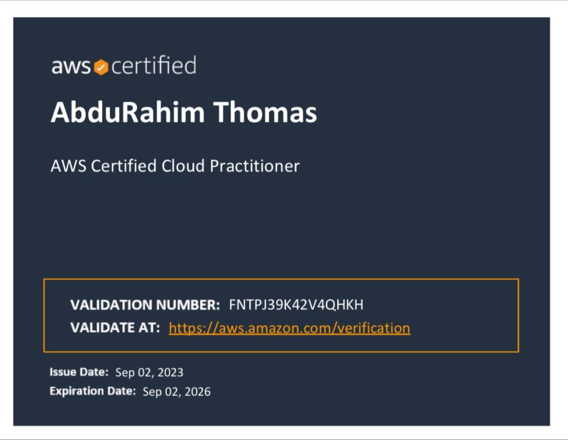 AbduRahim Thomas on LinkedIn: AWS Certified Cloud Practioner ... AbduRahim Thomas on LinkedIn: AWS Certified Cloud Practioner ...