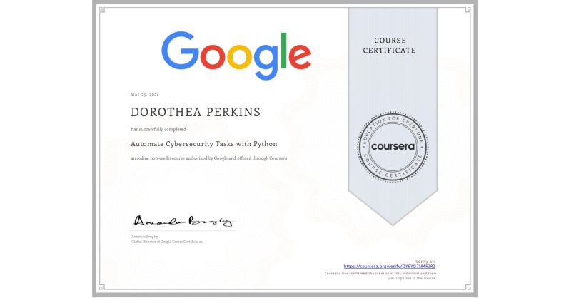 Dorothea Perkins on LinkedIn: #certification #python #cybersecurity # ... Dorothea Perkins on LinkedIn: #certification #python #cybersecurity # ...