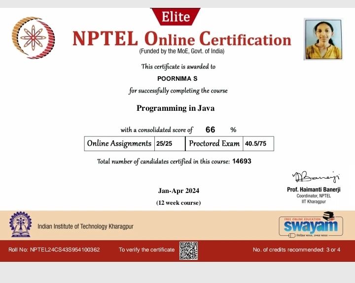 Poornima s on LinkedIn: #nptel #programming #certificate Poornima s on LinkedIn: #nptel #programming #certificate