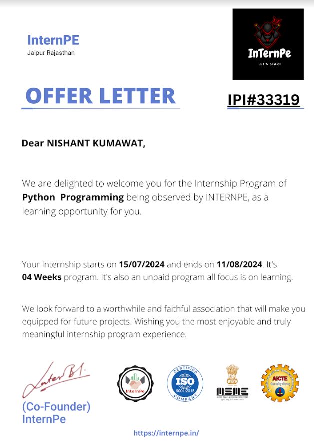 Nishant Kumawat on LinkedIn: #pythonprogramming #internpeinternship Nishant Kumawat on LinkedIn: #pythonprogramming #internpeinternship
